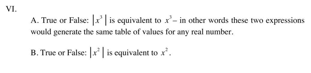 Solved VI. A. True or False: | x | is equivalent to x– in | Chegg.com