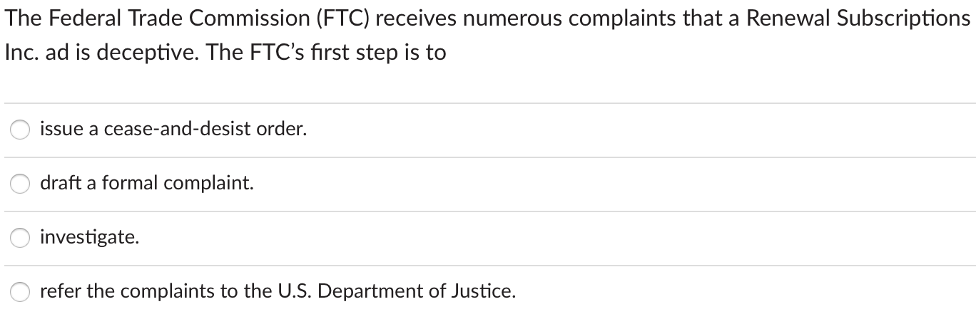 Solved The Federal Trade Commission (FTC) receives numerous | Chegg.com