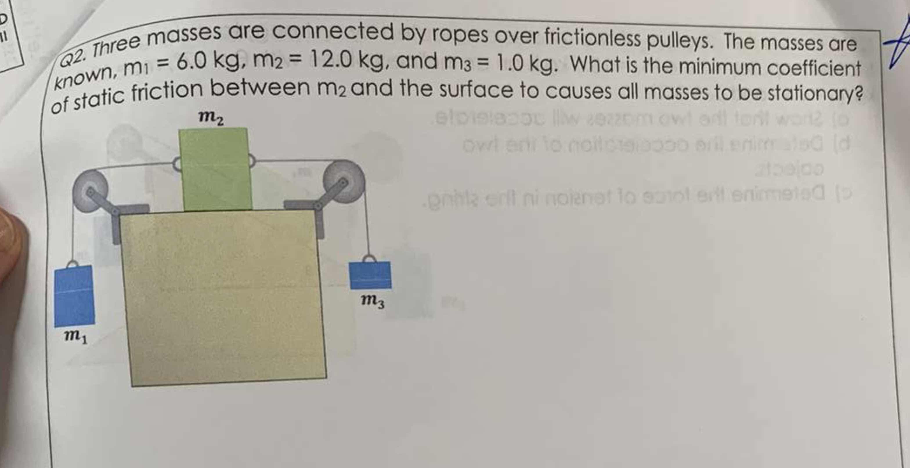 Solved Q2. ﻿Three masses are connected by ropes over | Chegg.com