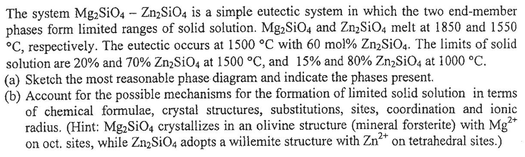 The system Mg2SiO4 - Zn2SiO4 is a simple eutectic | Chegg.com
