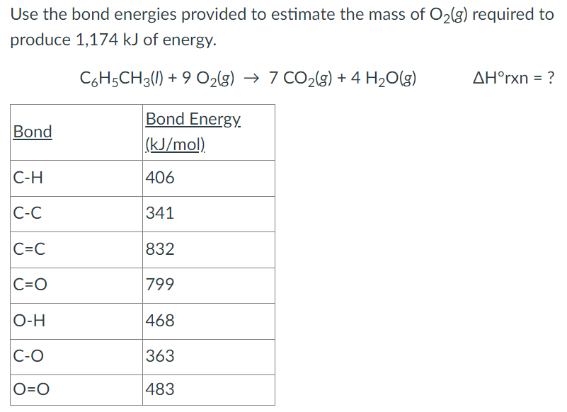 Solved Use the bond energies provided to estimate the mass | Chegg.com