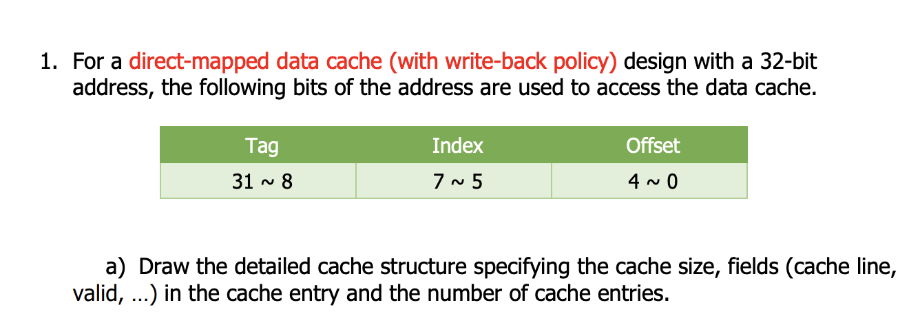 Solved 1. For a direct-mapped data cache (with write-back | Chegg.com