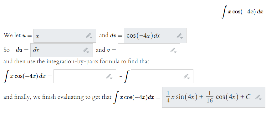Solved | x cos(-4x) dx We let u= x or and dv = cos(-4x) dx = | Chegg.com