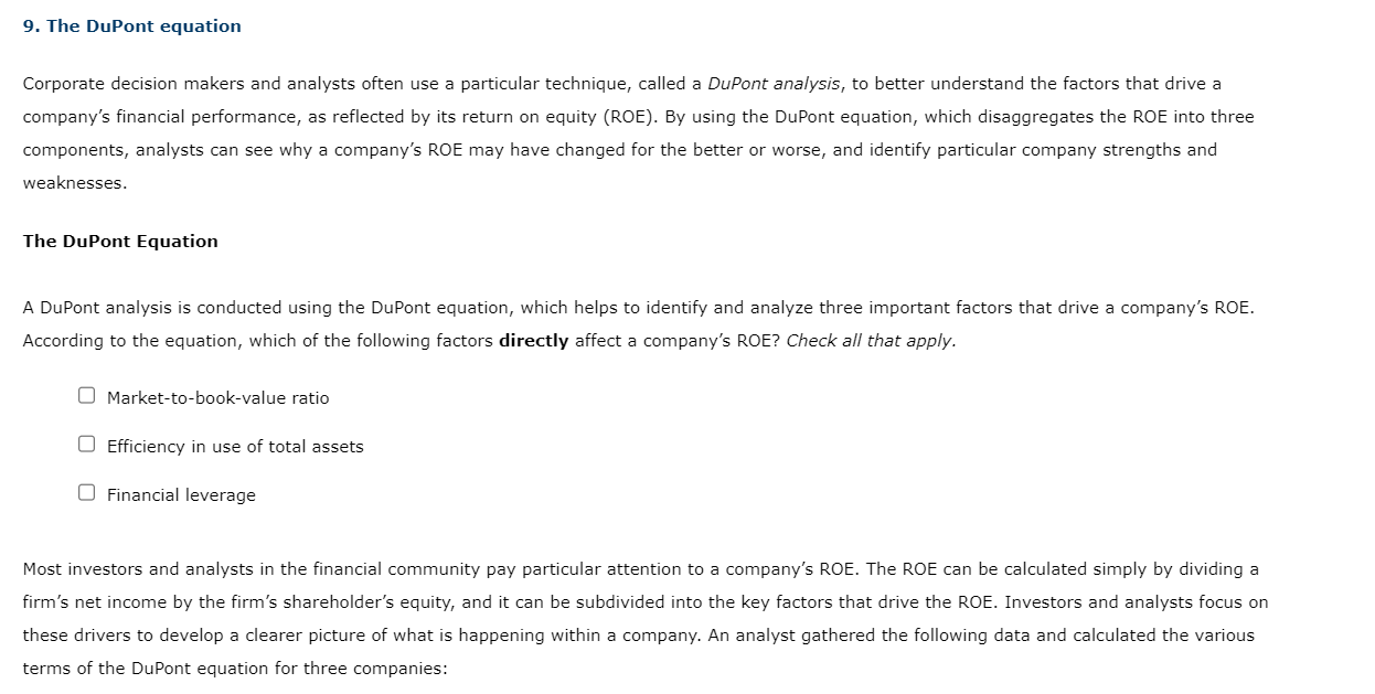 Solved 9. The DuPont equation Corporate decision makers and | Chegg.com