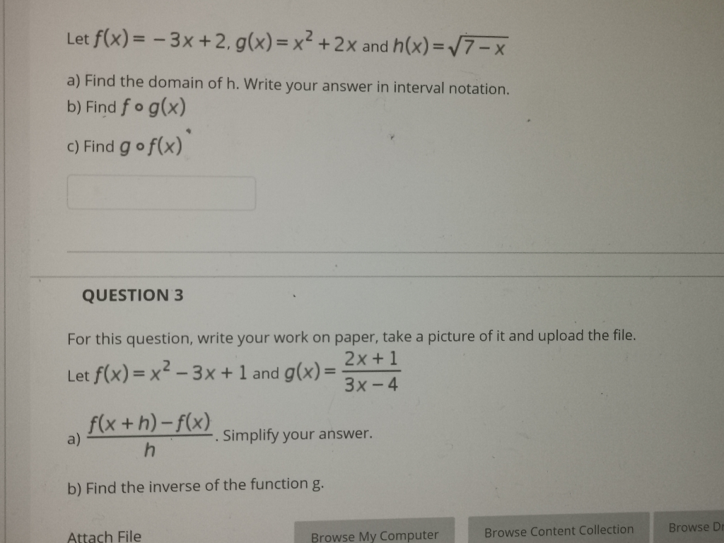 Solved Let f(x)= - 3x + 2, g(x)=x² + 2x and h(x)=77-X a) | Chegg.com