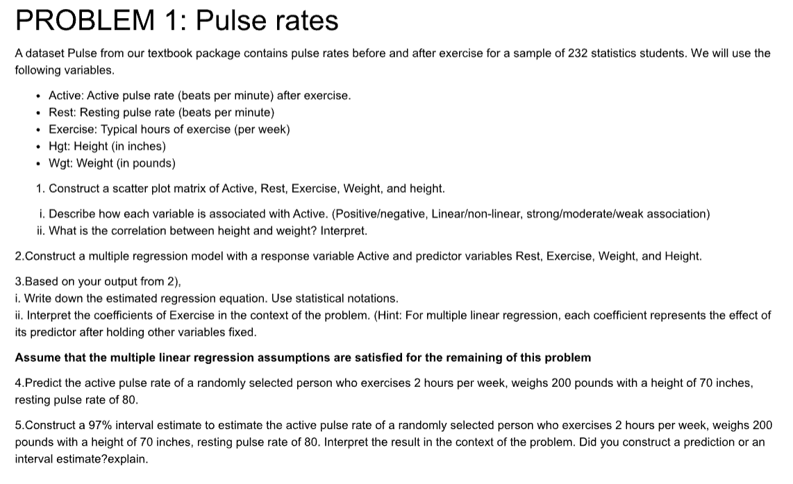 Solved PROBLEM 1: Pulse ratesA dataset Pulse from our | Chegg.com