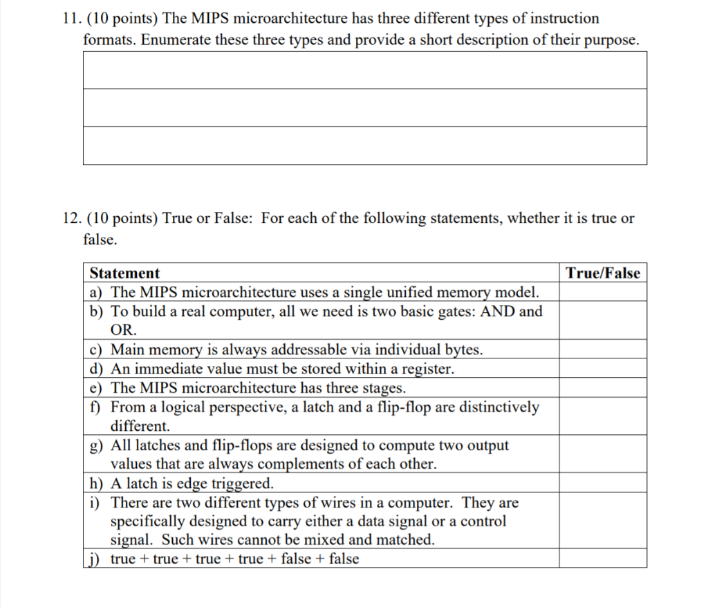 Solved 11. (10 points) The MIPS microarchitecture has three | Chegg.com