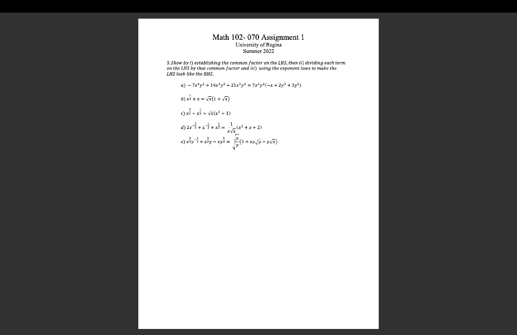 Solved Math 102- 070 Assignment 1 Lniversity of Regina | Chegg.com