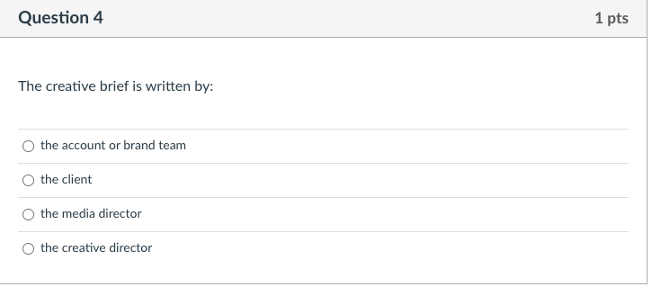 Solved Question 4 1 pts The creative brief is written by: | Chegg.com