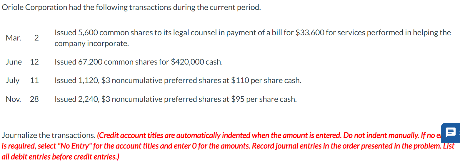 Solved Oriole Corporation had the following transactions | Chegg.com