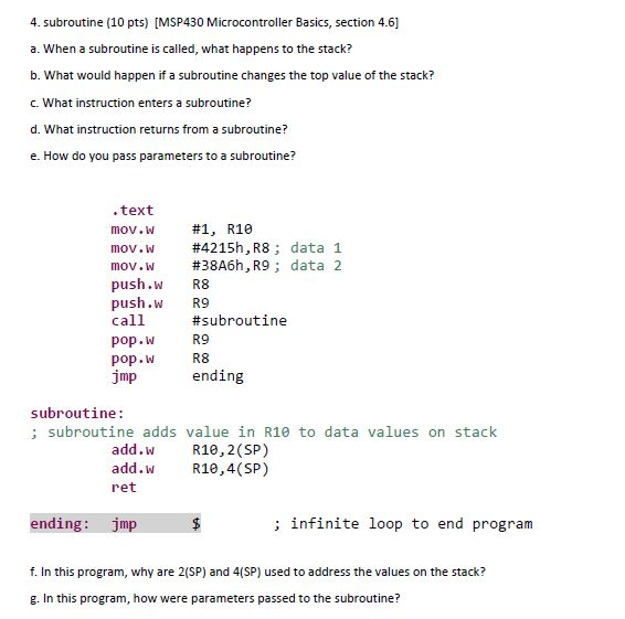 Solved 4. subroutine (10 pts) MSP430 Microcontroller Basics, | Chegg.com
