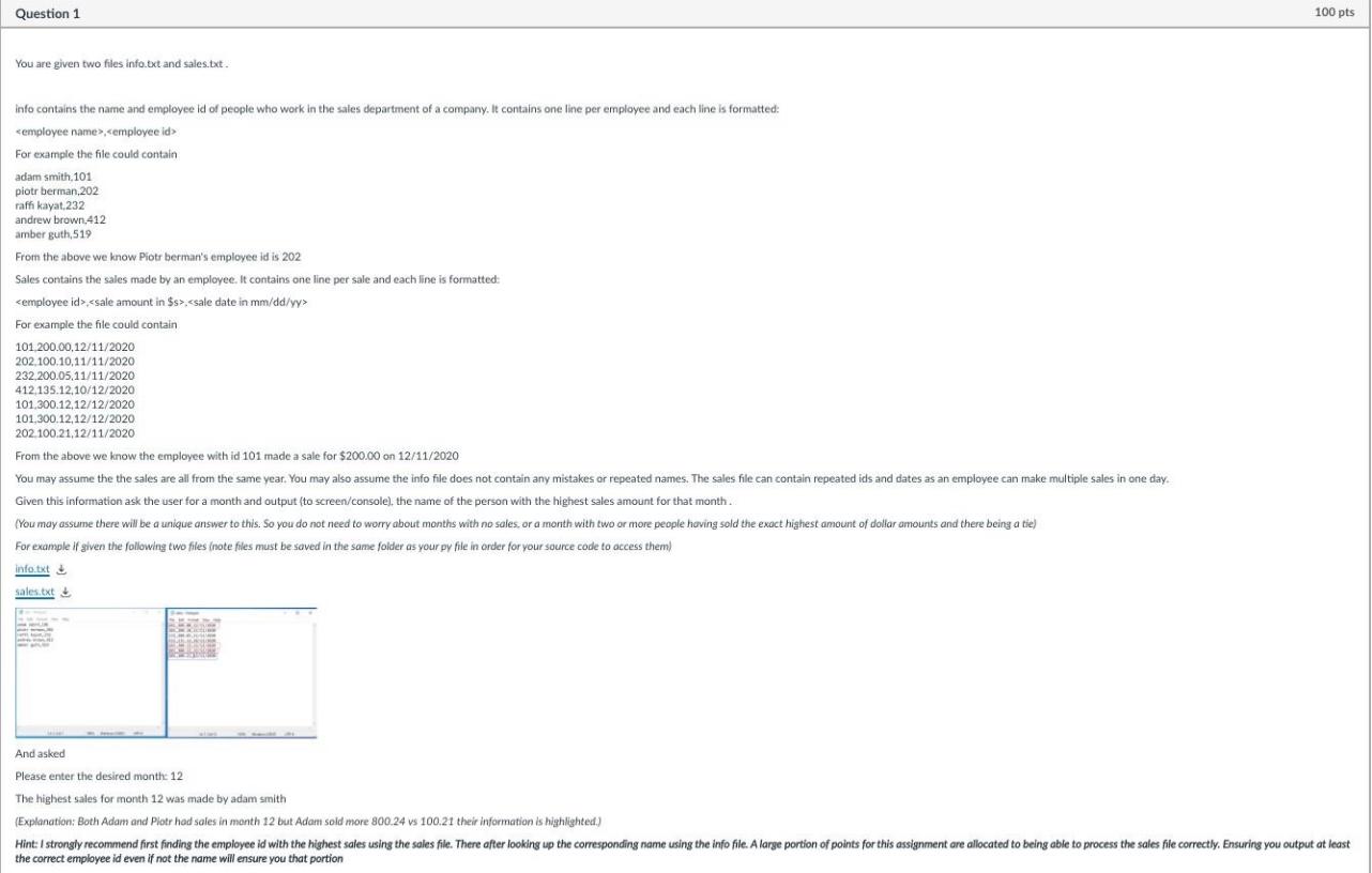 Solved Question 1 100 pts You are given two files info.txt | Chegg.com