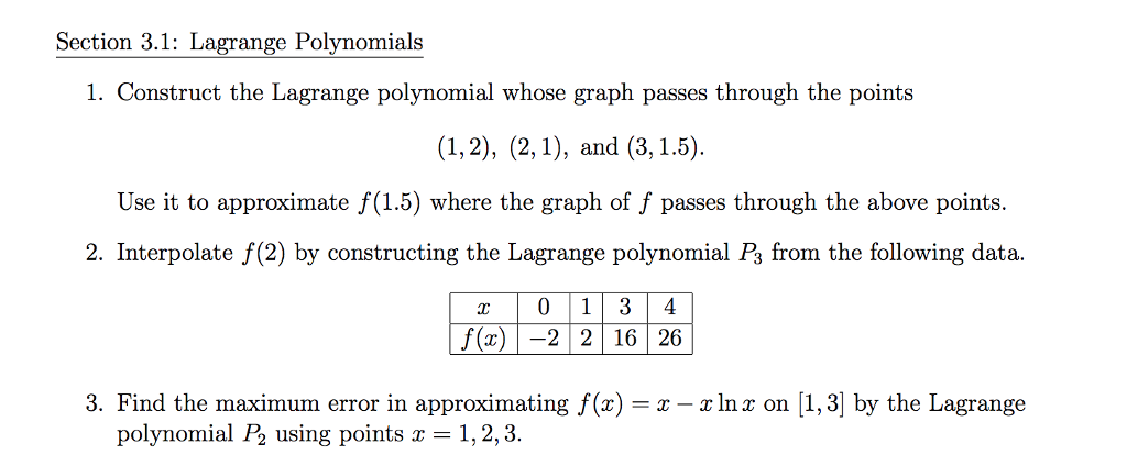 Solved Section 31 Lagrange Polynomials 1 Construct The 7079