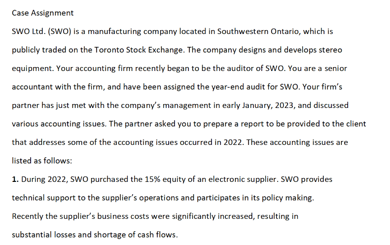 Solved Case Assignment SWO Ltd. (SWO) is a manufacturing | Chegg.com