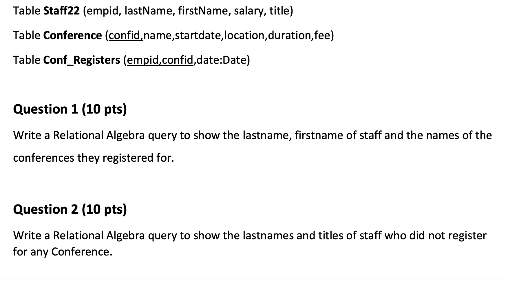 Solved Table Staff22 (empid, lastName, firstName, salary, | Chegg.com