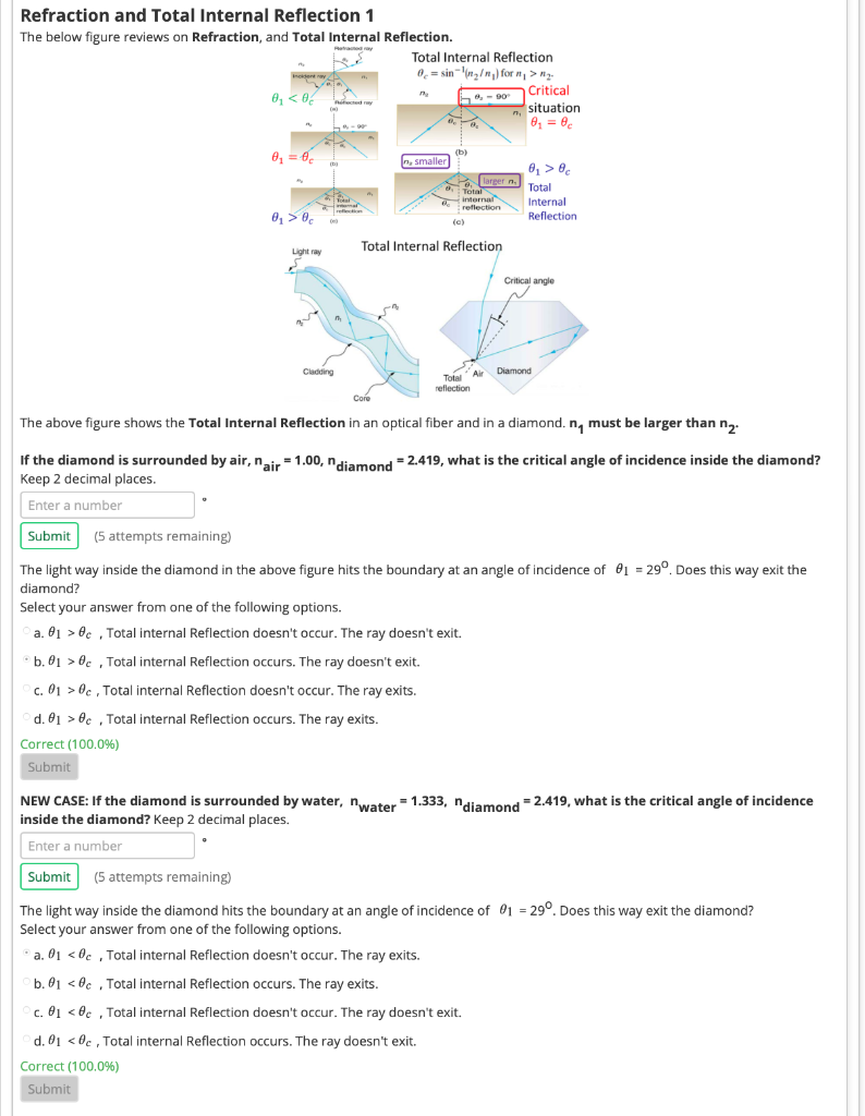 Solved Refraction and Total Internal Reflection 1 The below | Chegg.com