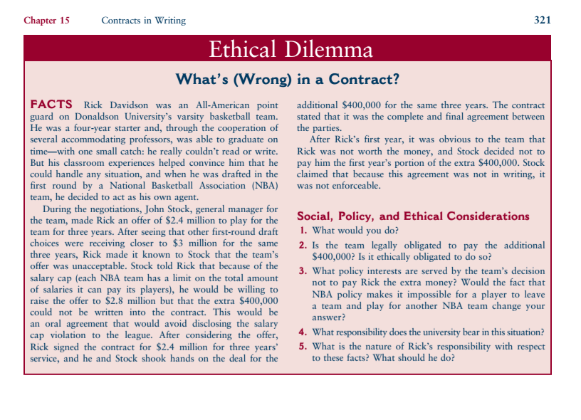 Chapter 15 Contracts in Writing 321 Ethical Dilemma | Chegg.com
