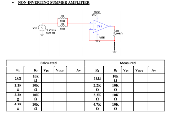 Solved NON-INVERTING SUMMER AMPLIFIER VCC 15V RI 10 RI LW 1 | Chegg.com