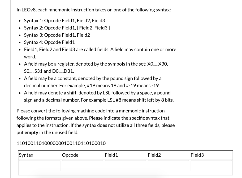 In LEGV8, each mnemonic instruction takes on one of | Chegg.com