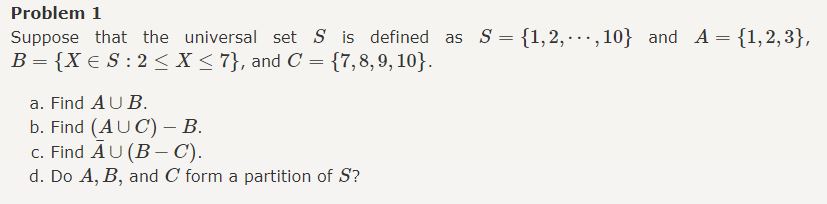 Solved Problem 1 Suppose that the universal set S is defined | Chegg.com