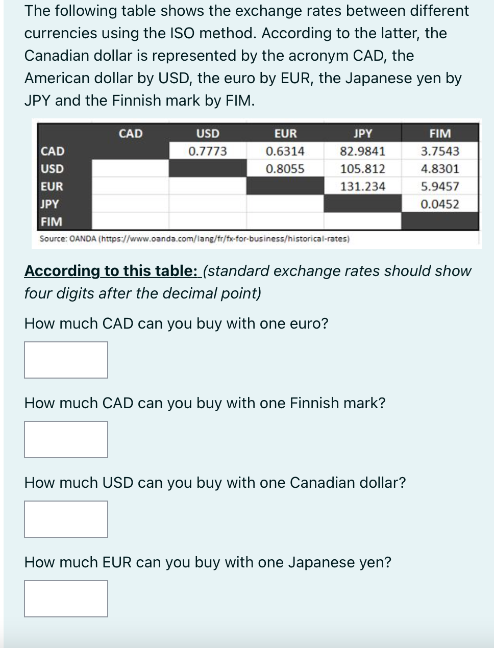 Solved The following table shows the exchange rates between | Chegg.com