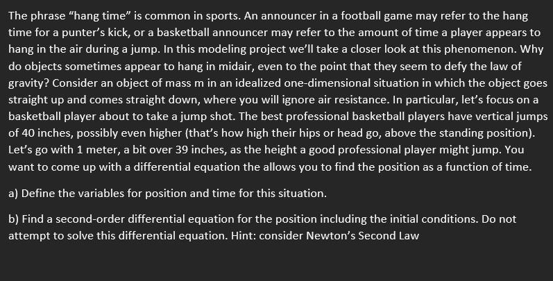 Solved The phrase "hang time" is common in sports. An | Chegg.com