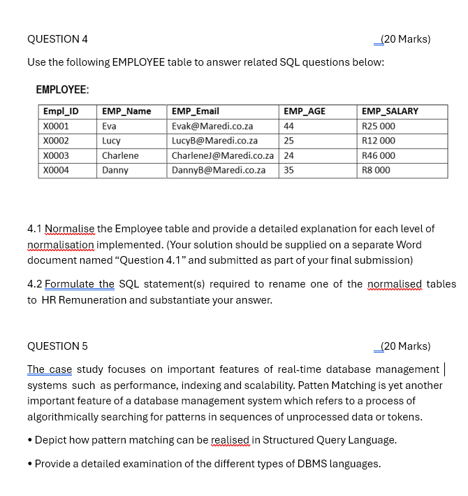 Solved QUESTION 4 (20 ﻿Marks) ﻿Use the following EMPLOYEE | Chegg.com