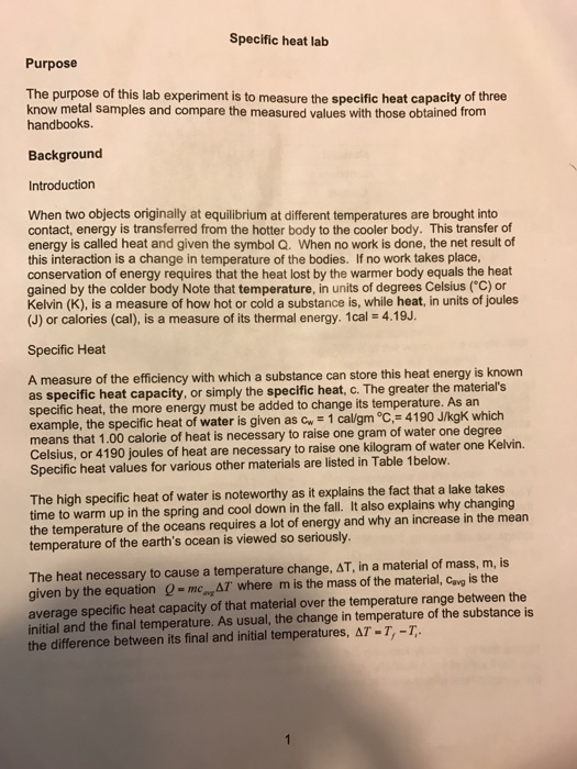 Solved specific heat lab Purpose The purpose of this lab | Chegg.com