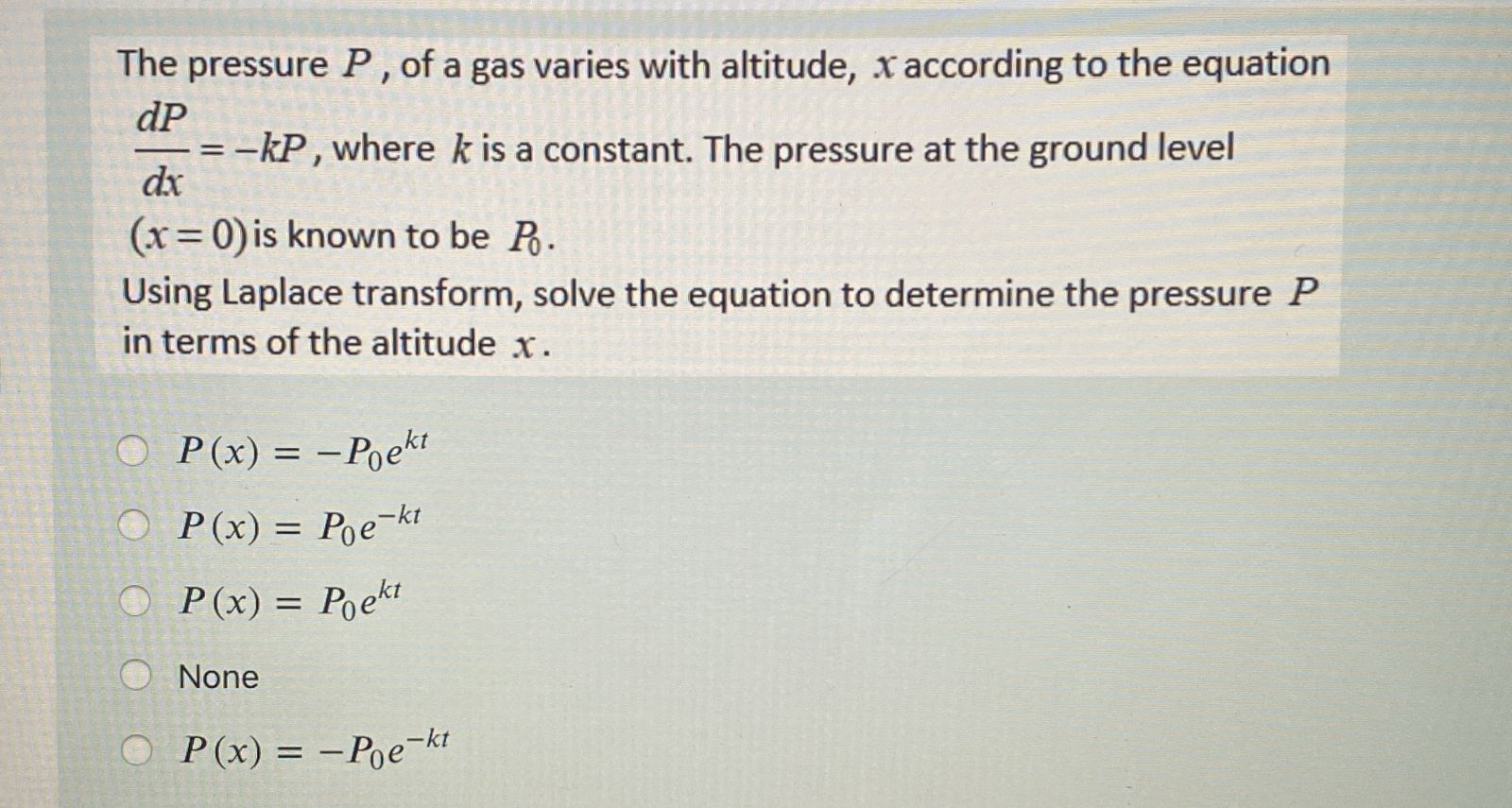 Solved The pressure P, of a gas varies with altitude, x | Chegg.com