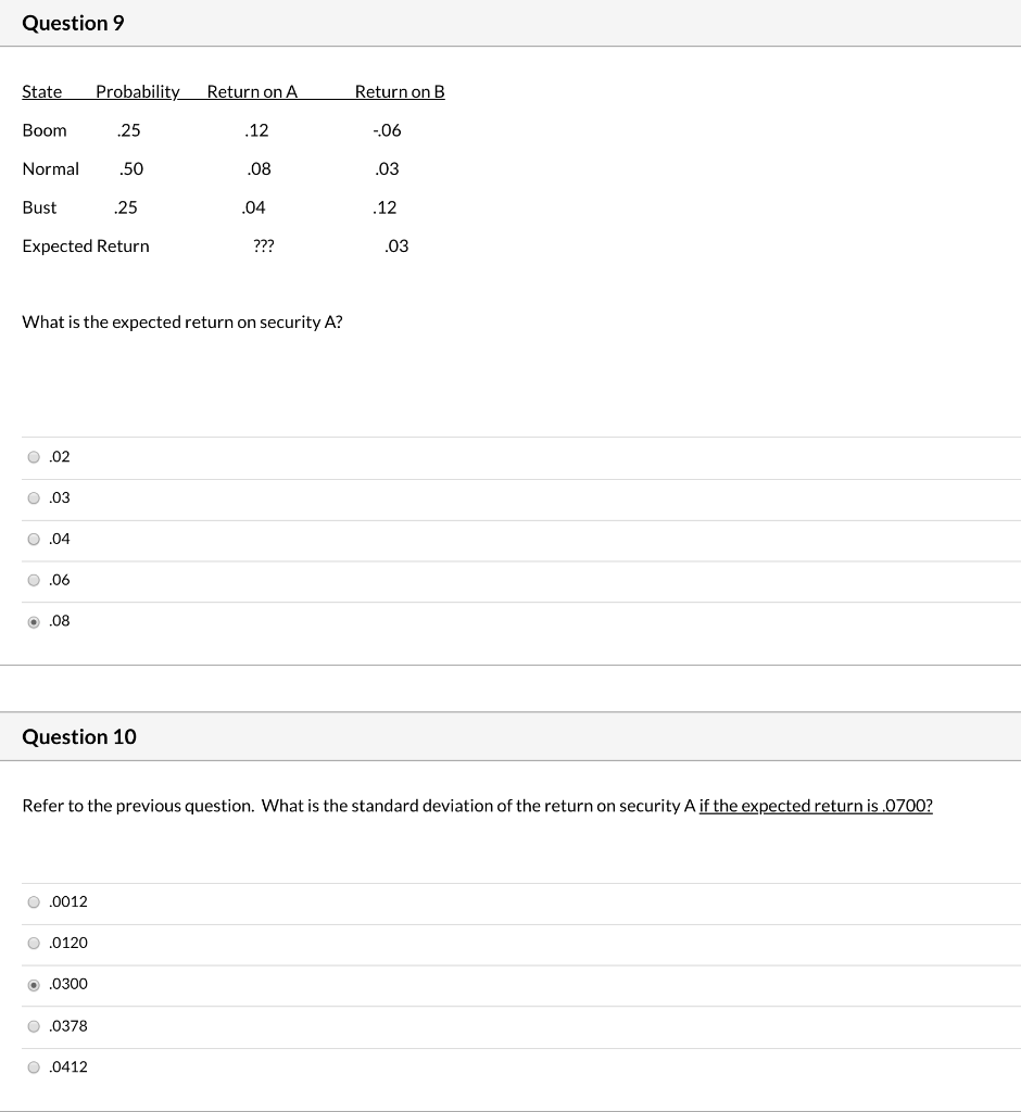 Solved Question 9 State Probability_Return on A Return on B | Chegg.com