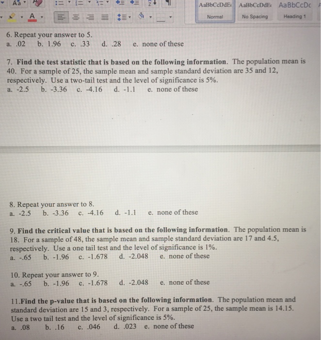 Solved Repeat your answer to 5. a. 02 b. 1.96 c. 33 d. 28 | Chegg.com