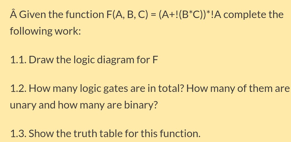 Solved Â Given the function F(A, B, C) = (A+!(B*C))*!A | Chegg.com
