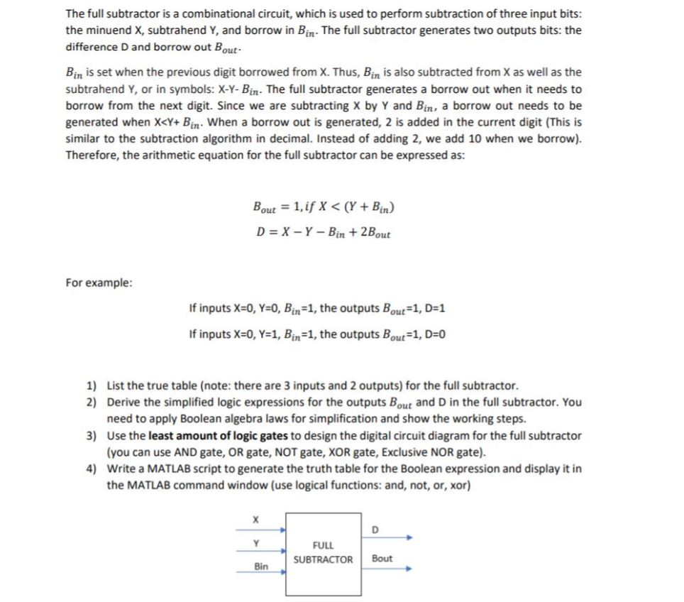 Solved The full subtractor is a combinational circuit, which | Chegg.com