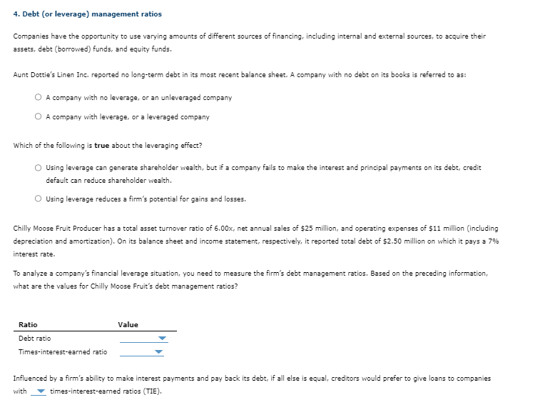 Solved Debt (or leverage) ﻿management ratiosCompanies have | Chegg.com