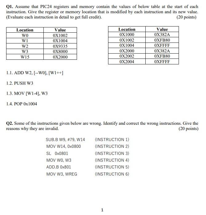 Solved QI. Assume that PIC24 registers and memory contain | Chegg.com
