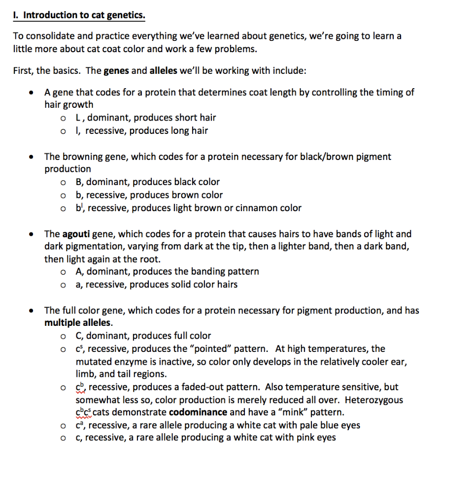 Solved I. Introduction to cat genetics. To consolidate and | Chegg.com