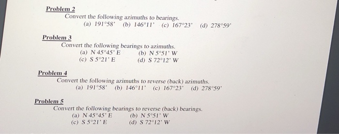 Solved Problem2 Convert the following azimuths to bearings | Chegg.com