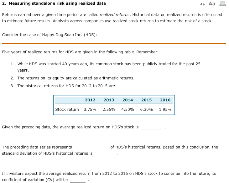 Solved 2. Measuring standalone risk using realized data Aa | Chegg.com