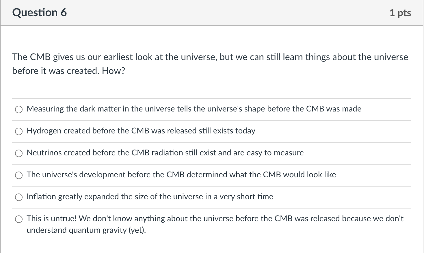 Solved Question 6 1 pts The CMB gives us our earliest look | Chegg.com