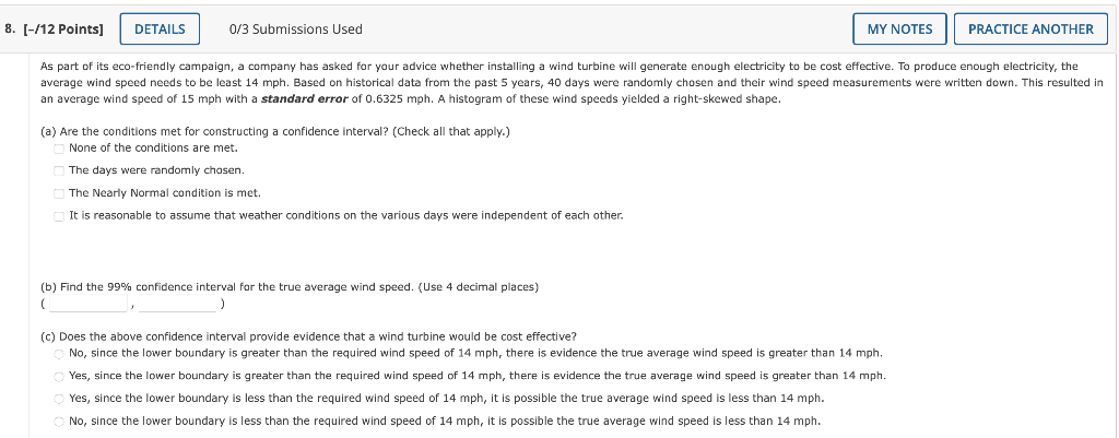 Solved an average wind speed of 15mph with a standard error | Chegg.com