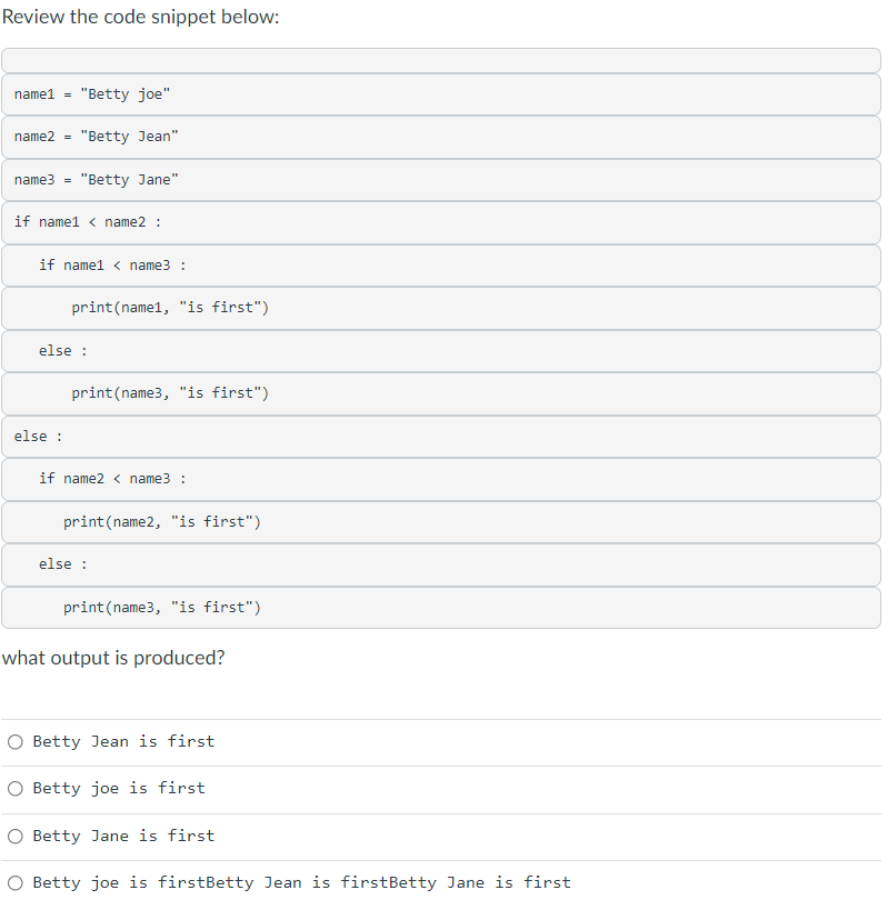 Solved Review the code snippet below: name1 = "Betty joe" | Chegg.com