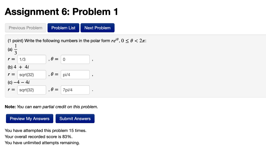 Solved (1 point) Write the following numbers in the polar | Chegg.com