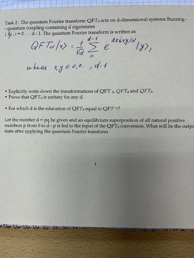 Task 2. The quantum Fourier transform QFT Td acts on | Chegg.com