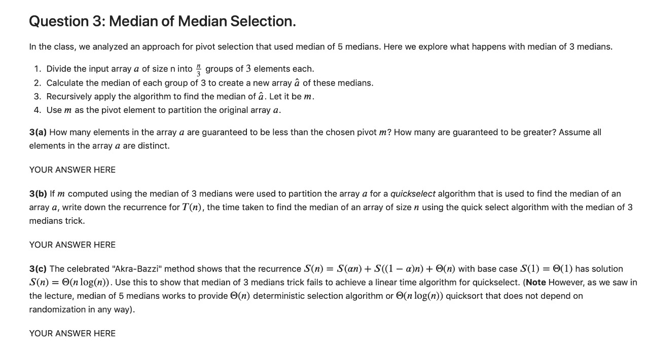 Solved Question 3 Median Of Median Selection In The Class 0161