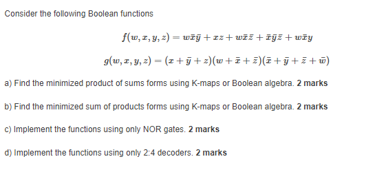 Solved Consider the following Boolean functions f(w, I, y, | Chegg.com