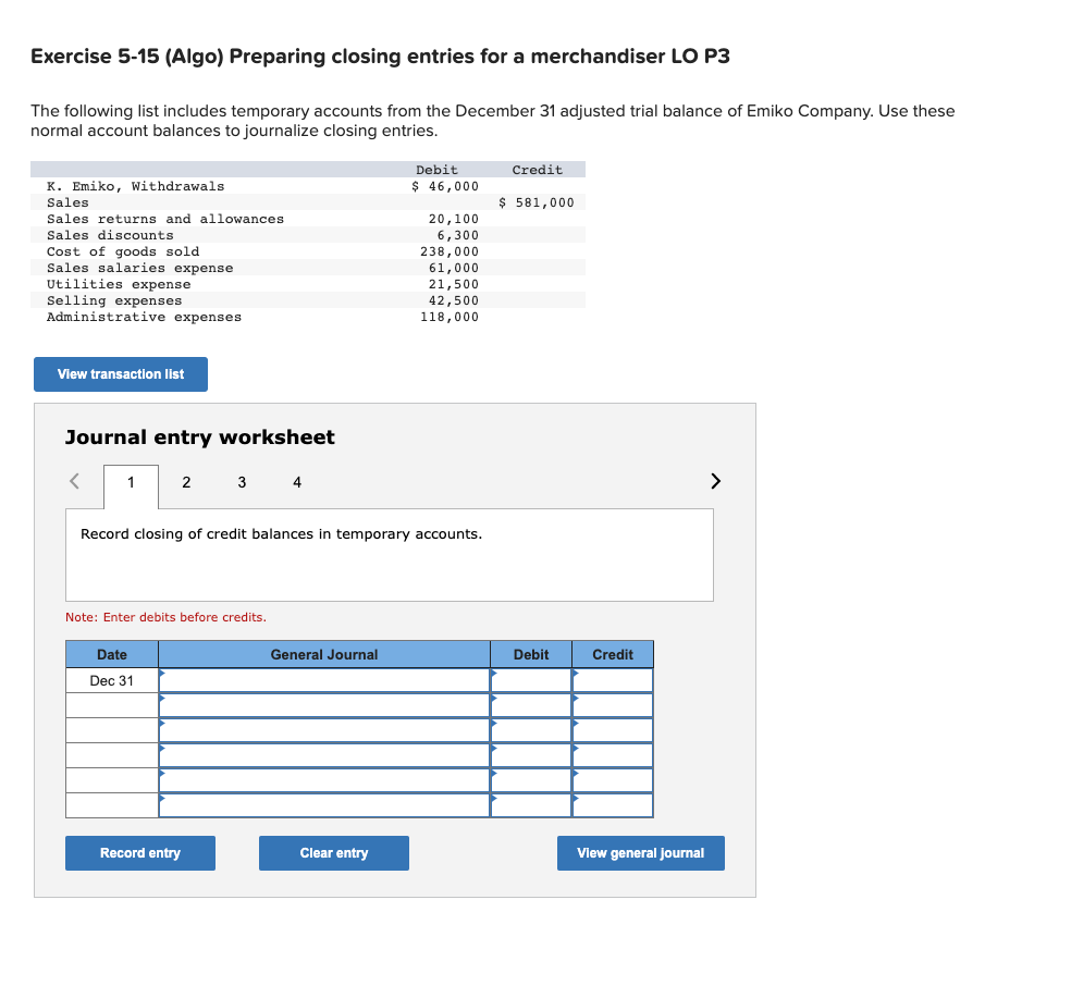 Solved Exercise 5-15 (Algo) Preparing closing entries for a | Chegg.com