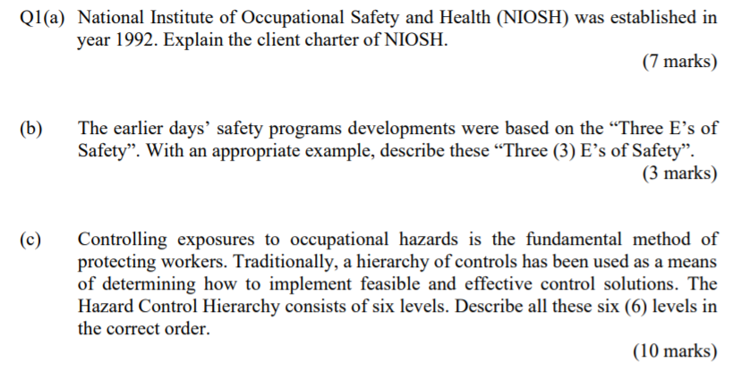 Solved Ql(a) National Institute of Occupational Safety and | Chegg.com