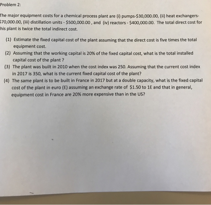 Solved Problem 2 The major equipment costs for a chemical | Chegg.com