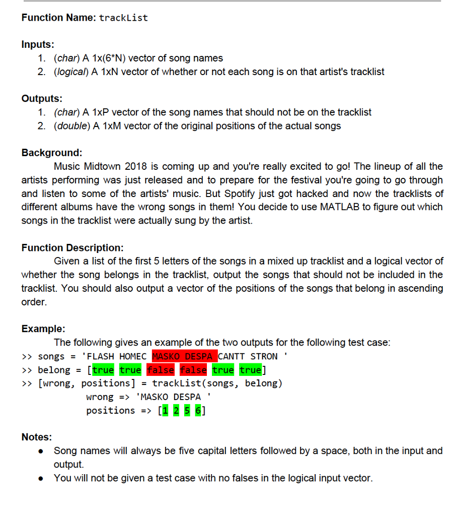 Solved Function Name: trackList Inputs: 1. 2. (char) A | Chegg.com
