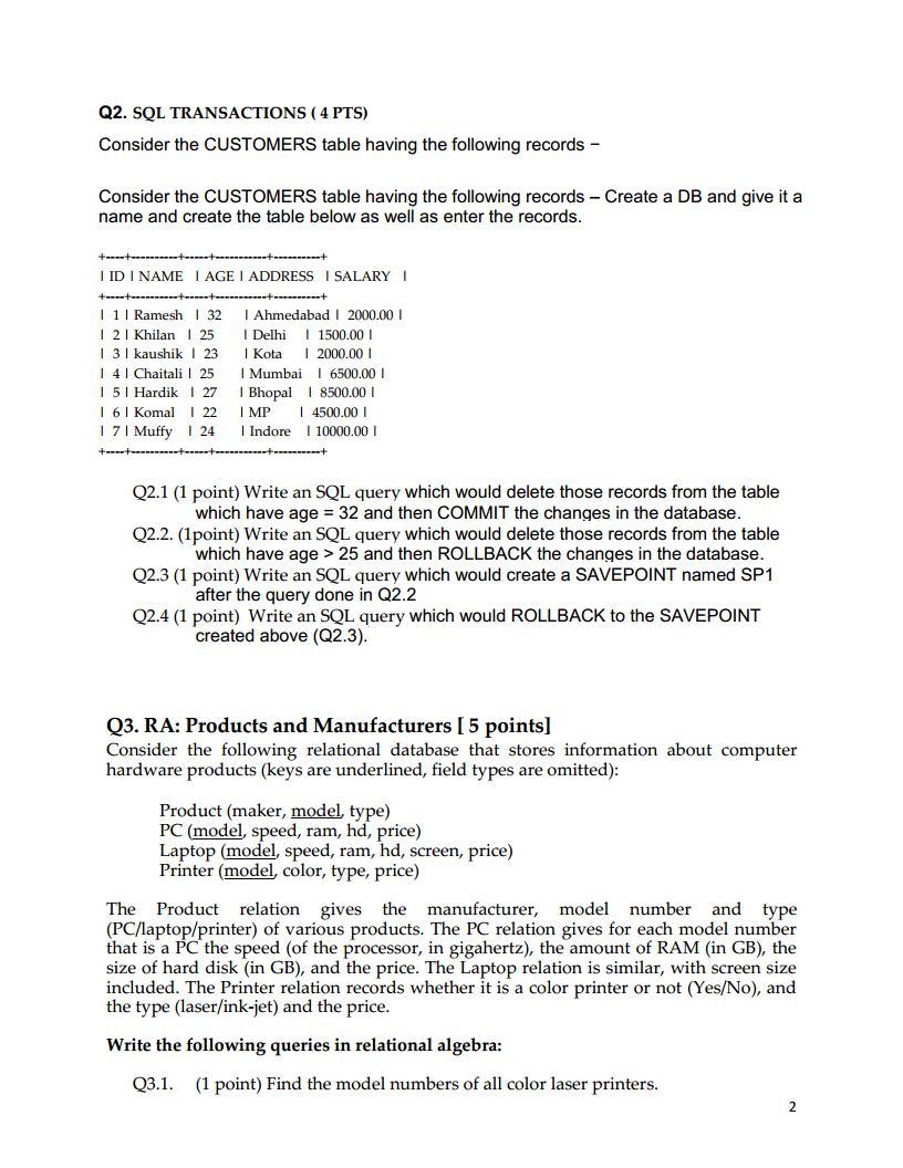 Solved Q2. SQL TRANSACTIONS ( 4 PTS) Consider the CUSTOMERS | Chegg.com